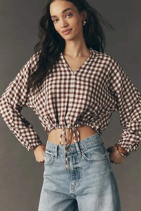 CLOTH & STONE Cinched Waist V-neck Top - Cocoa Gingham
