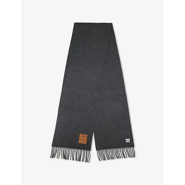 GANNI Fringed Brand-patch Wool Scarf - Paloma Melange