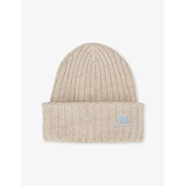 GANNI Ribbed Wool-blend Beanie With Embroidery - Sand