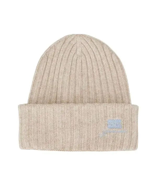 GANNI Ribbed Wool-blend Beanie With Embroidery - Sand
