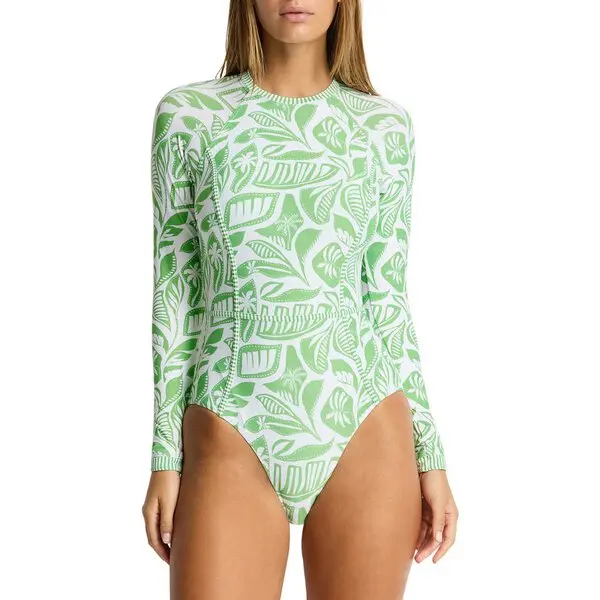 SEA LEVEL Seamed Long Sleeve Upf 50+ One-piece Rashguard Swimsuit - Matcha