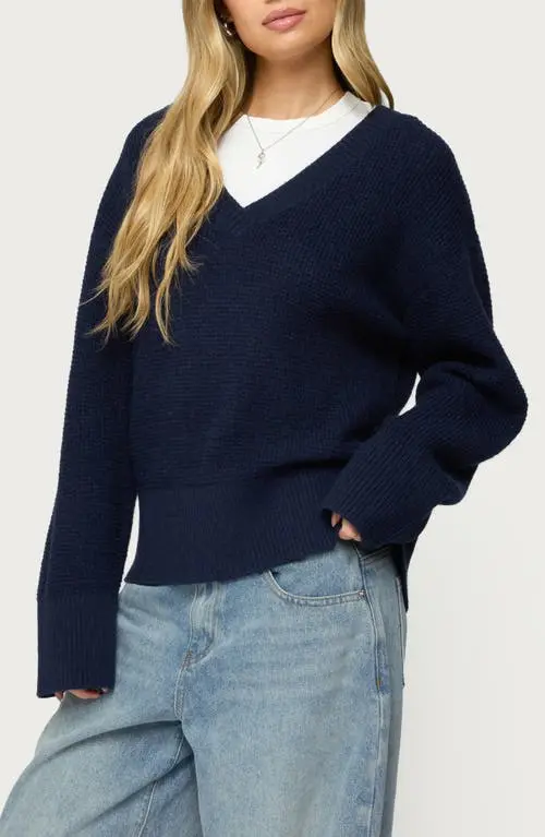 EDIKTED Oversized V-neck Waffle Knit Sweater