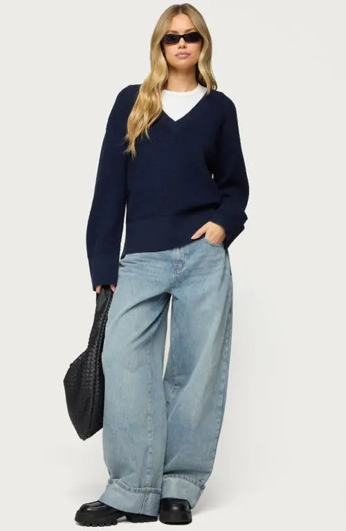 EDIKTED Oversized V-neck Waffle Knit Sweater