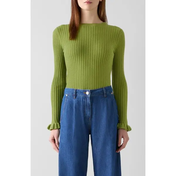 LK BENNETT Yara Ruffle Cuff Ribbed Crewneck Sweater