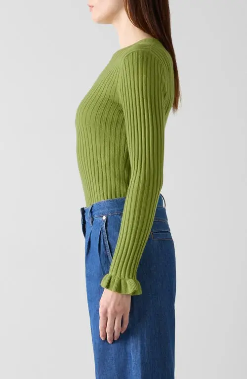 LK BENNETT Yara Ruffle Cuff Ribbed Crewneck Sweater