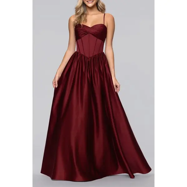 BLONDIE NITES Basque Waist Satin Gown - Wine