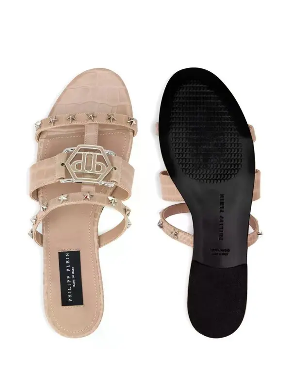 Philipp Plein Croc Effect Slide Sandals With Star Embellishments - Neutrals