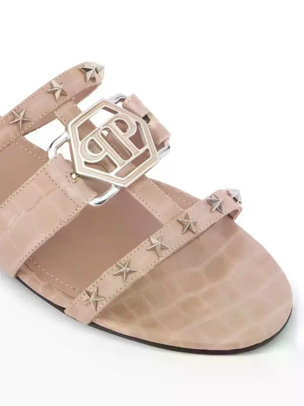 Philipp Plein Croc Effect Slide Sandals With Star Embellishments - Neutrals
