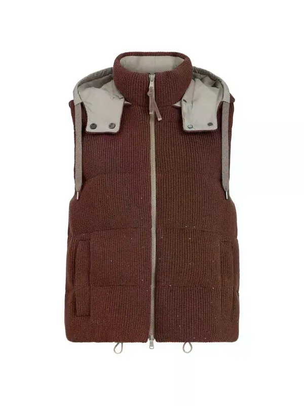 Brunello Cucinelli Hooded Ribbed Knitted Down Vest - Red