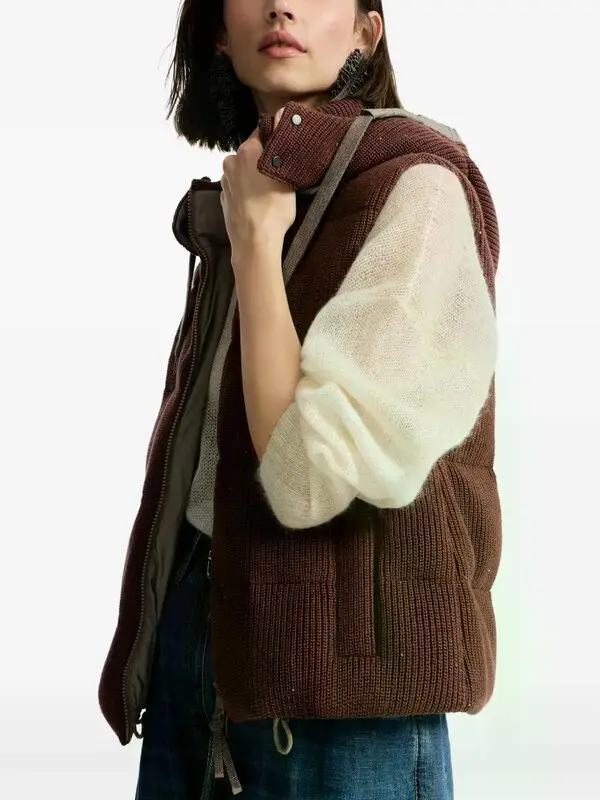 Brunello Cucinelli Hooded Ribbed Knitted Down Vest - Red