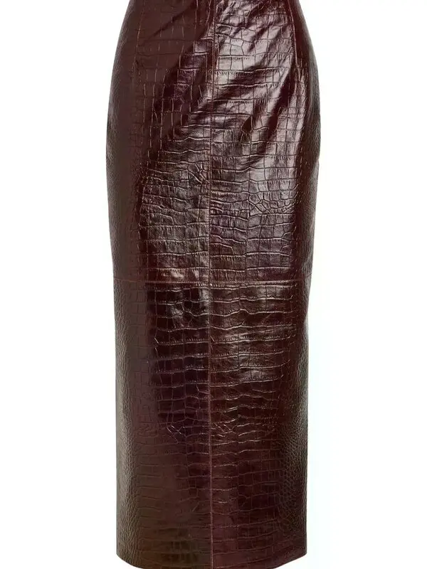 Nour Hammour Elyse Crocodile-effect Midi Skirt - Brown