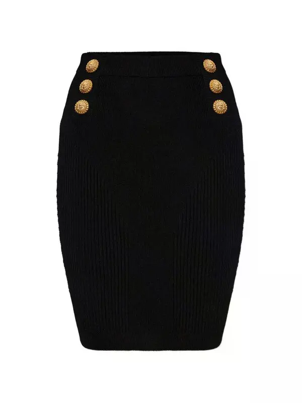 Balmain Ribbed Knit Skirt With Gold-tone Buttons - Black