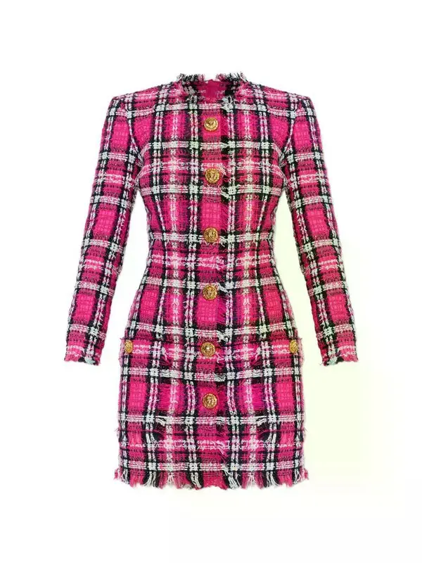 Balmain Plaid Frayed Button Dress