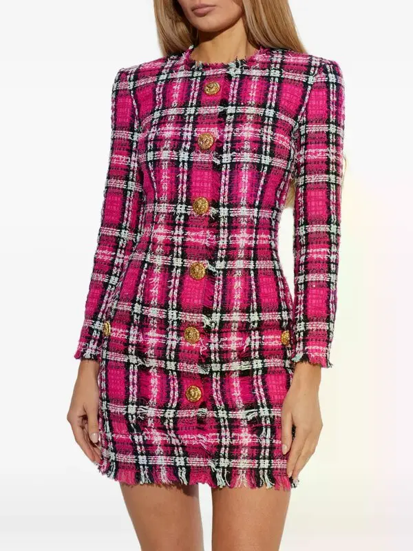 Balmain Plaid Frayed Button Dress