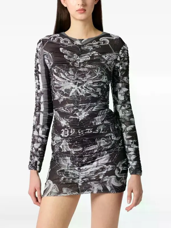 Philipp Plein Mini Wrinkled Butterfly-print Dress - Black