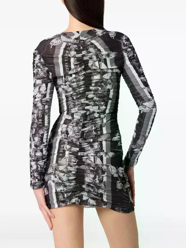 Philipp Plein Mini Wrinkled Butterfly-print Dress - Black