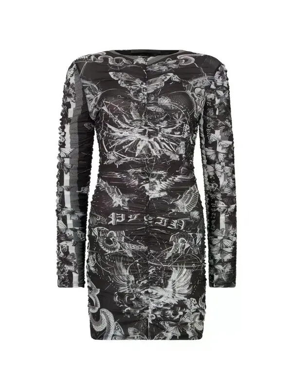 Philipp Plein Mini Wrinkled Butterfly-print Dress - Black