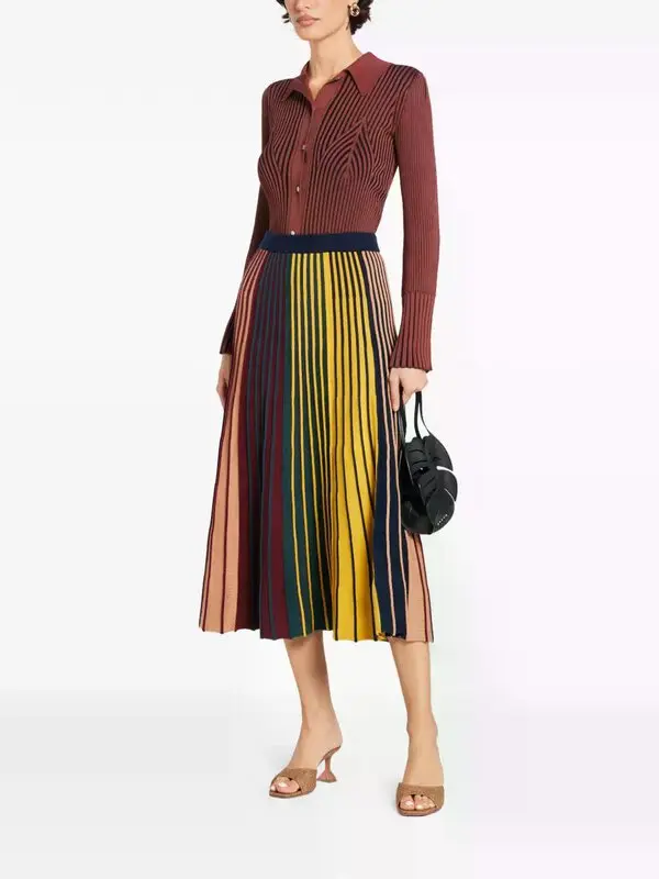 SIMONMILLER Celia Striped Pleated Midi Skirt - Brown
