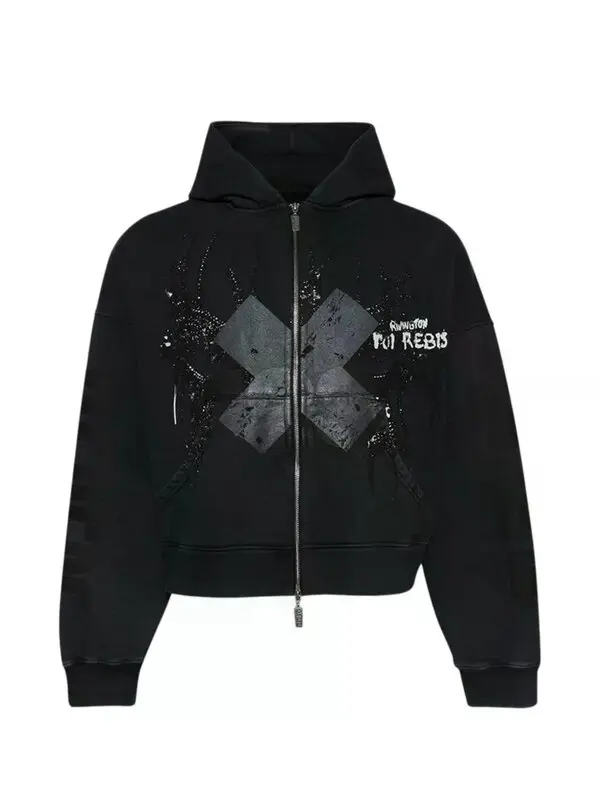 RRR123 Graphic Print Zip-up Hoodie - Black