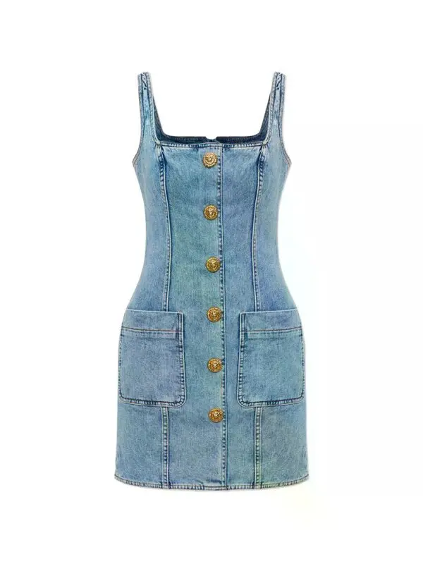 Balmain Button-embellished Denim Mini Dress - Blue