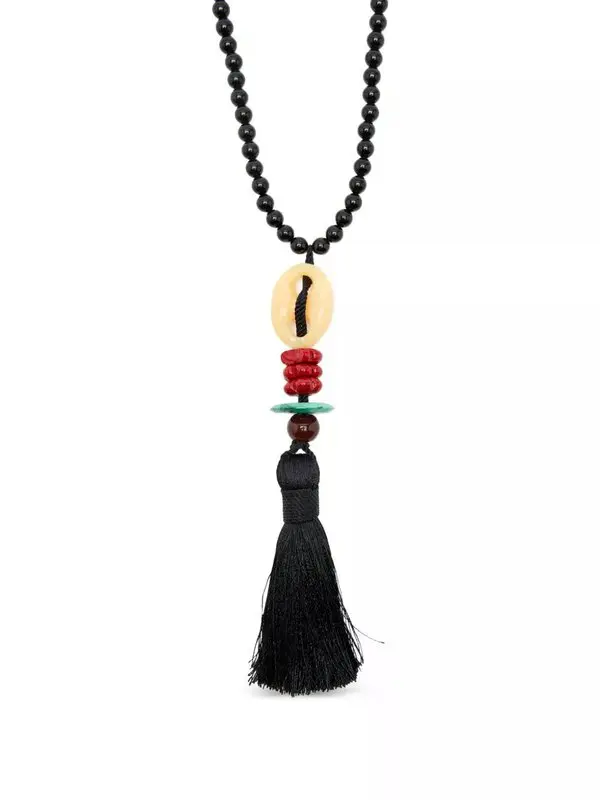 Timeless Pearly Tassel-pendant Beaded Necklace - Black
