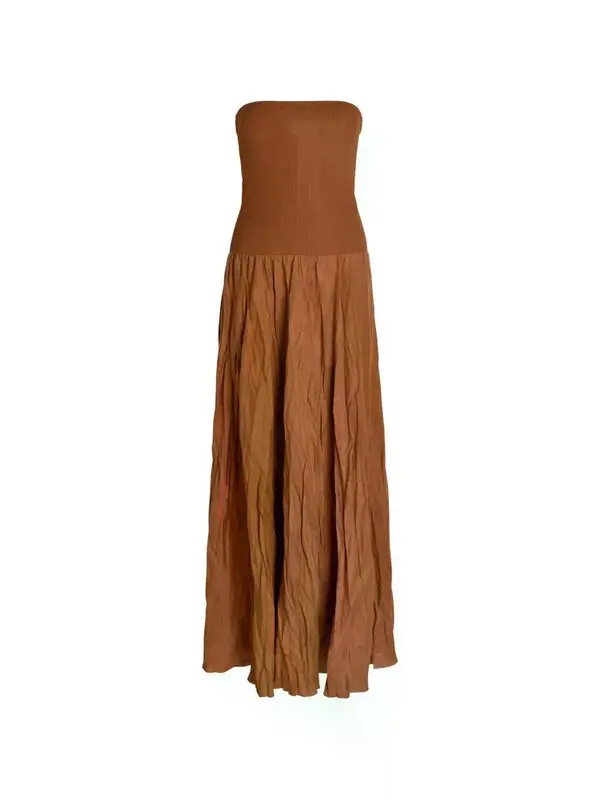 Johanna Ortiz Ribbed Bandeau Gathered Midi Dress - Brown