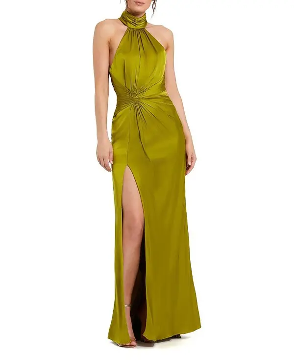 Mac Duggal Petite High Neck Open Back Gown - Olive