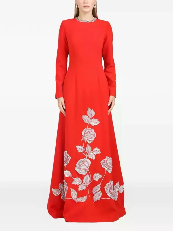 DINA MELWANI Floral Embroidered Column Maxi Dress - Red