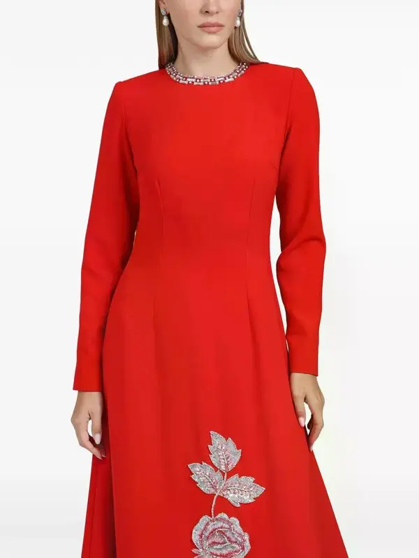 DINA MELWANI Floral Embroidered Column Maxi Dress - Red