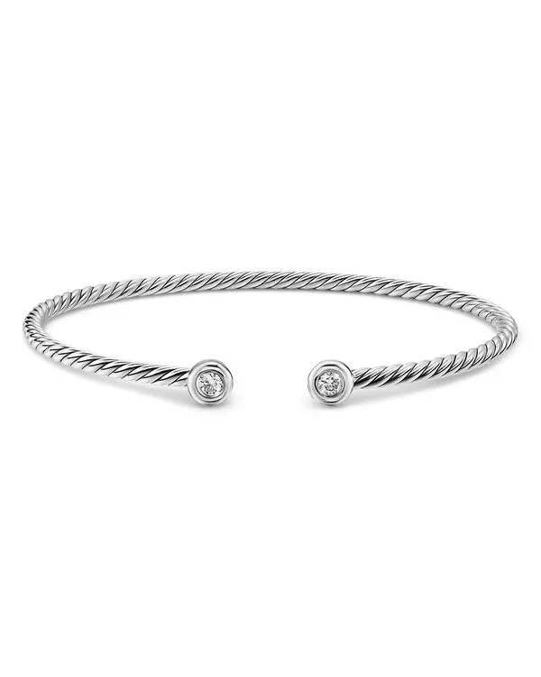 David Yurman Micro Cable Flex Round Bracelet In Sterling With Diamonds, 2.6mm - Silver