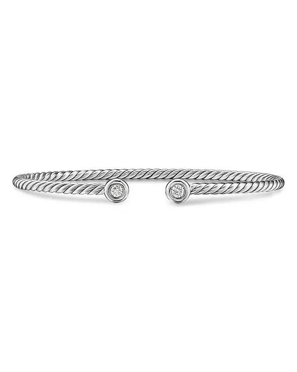 David Yurman Micro Cable Flex Round Bracelet In Sterling With Diamonds, 2.6mm - Silver