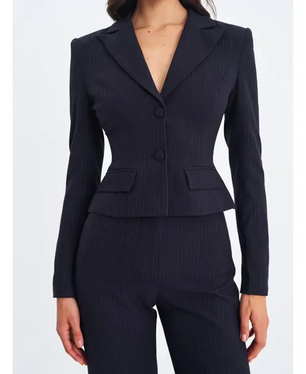 MISS CIRCLE NEW YORK Quinne Striped Single-breasted Peplum Blazer - Navy