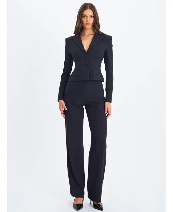 MISS CIRCLE NEW YORK Quinne Striped Single-breasted Peplum Blazer - Navy