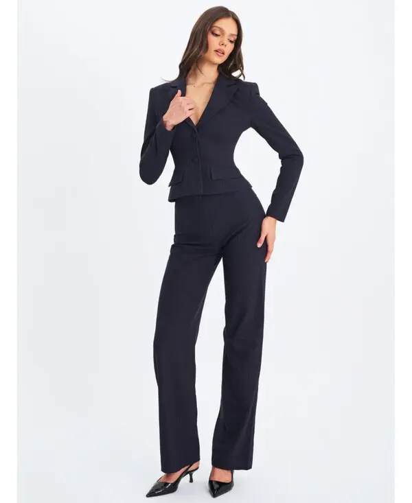MISS CIRCLE NEW YORK Quinne Striped Single-breasted Peplum Blazer - Navy