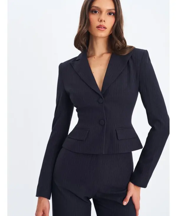 MISS CIRCLE NEW YORK Quinne Striped Single-breasted Peplum Blazer - Navy