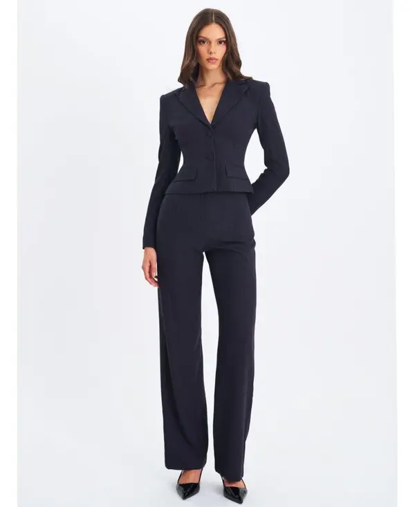MISS CIRCLE NEW YORK Quinne Striped Single-breasted Peplum Blazer - Navy