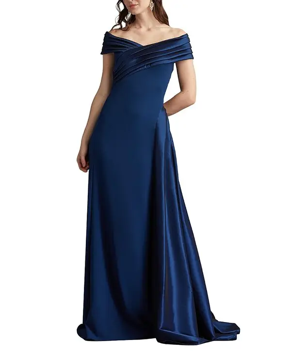 Tadashi Shoji Elysian Draped Overlay Train Gown - Navy