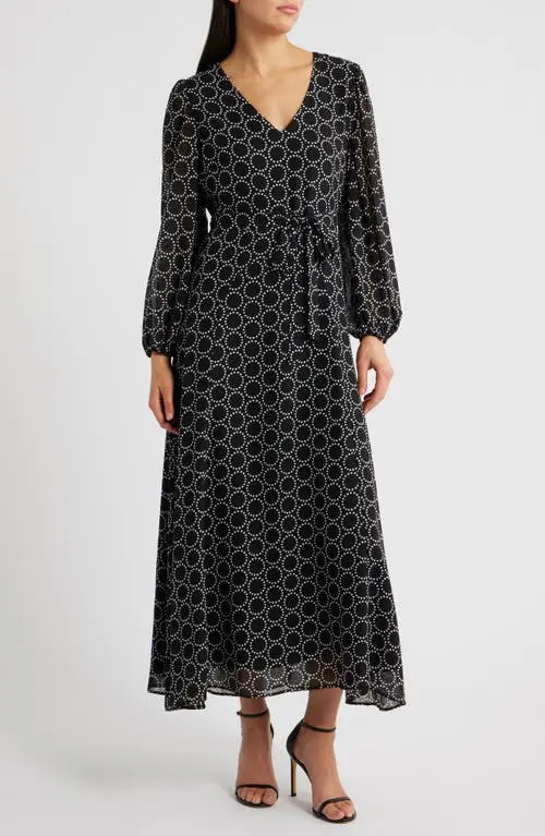 Halogen Abstract Print Long Sleeve Dress With Sash