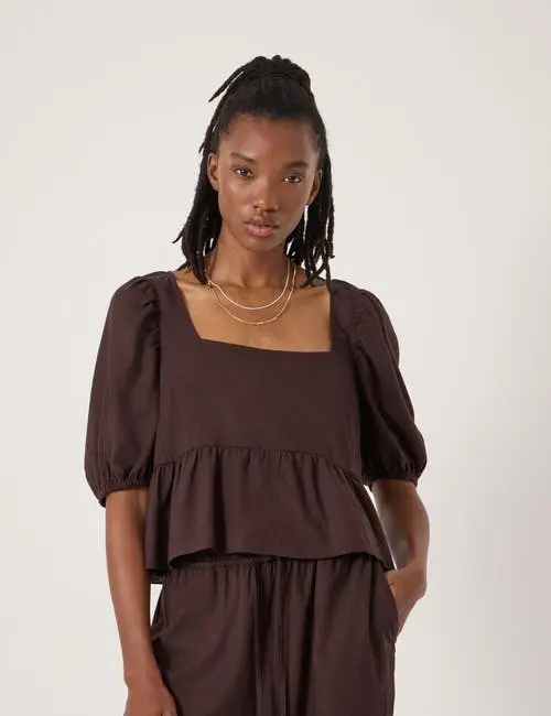 HUSH Alva Puff Sleeve Linen Top - Dark Brown