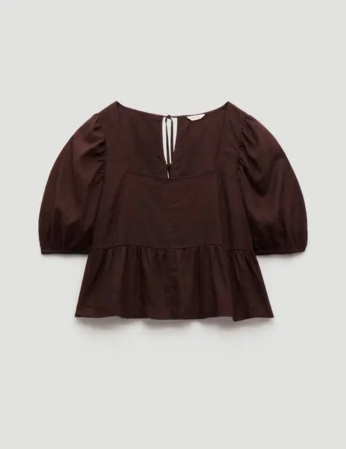 HUSH Alva Puff Sleeve Linen Top - Dark Brown