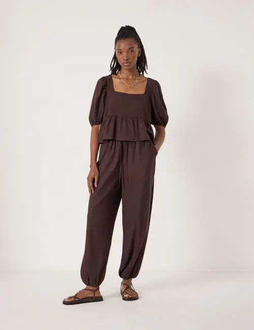 HUSH Alva Puff Sleeve Linen Top - Dark Brown