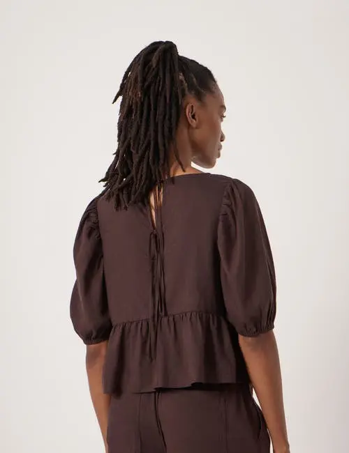 HUSH Alva Puff Sleeve Linen Top - Dark Brown