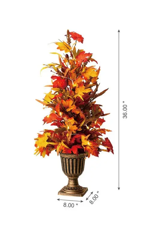 GLITZHOME Fall Lighted Maple Leaves Urn Potted Porch Tree With Timer