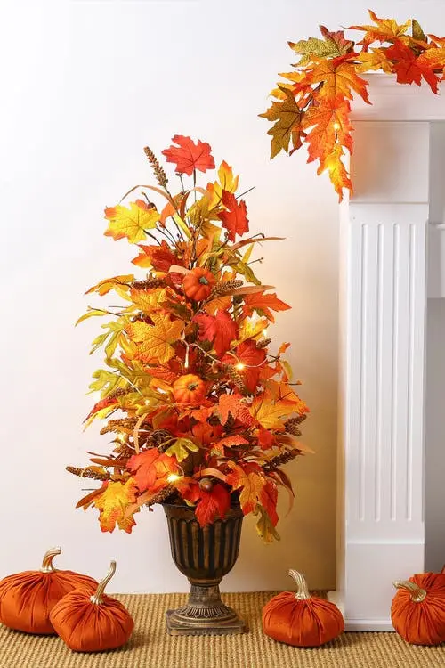 GLITZHOME Fall Lighted Maple Leaves Urn Potted Porch Tree With Timer