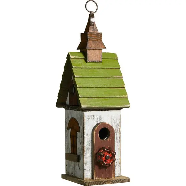 GLITZHOME 15.75"h Distressed Solid Wood Decorative Outdoor Garden Birdhouse - Green