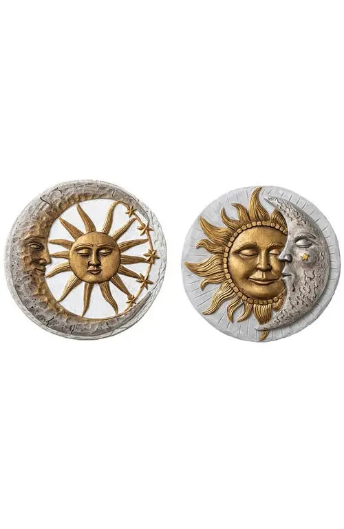 GLITZHOME Set Of 2 Cement Sun And Moon Textured Stepping Stones - Gold