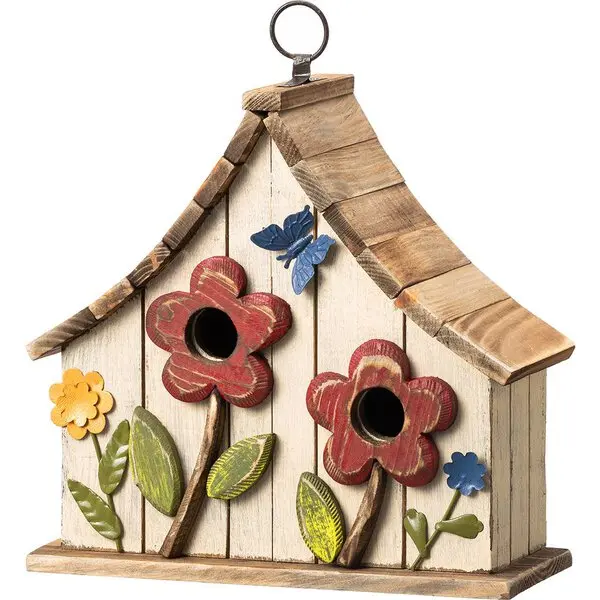 GLITZHOME Distressed Solid Wood Birdhouse With 3d Flowers - White