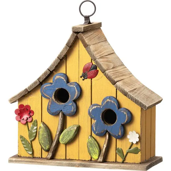GLITZHOME Distressed Solid Wood Birdhouse With 3d Flowers - Yellow