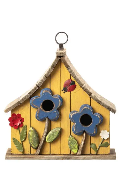 GLITZHOME Distressed Solid Wood Birdhouse With 3d Flowers - Yellow