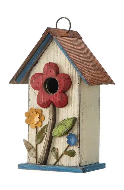 GLITZHOME 10"h Multicolor Cute Distressed Solid Wood Birdhouse With 3d Flowers - White